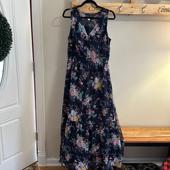 Merona | Dresses | Merona Blue Floral Maxi Dress With Ruffled Bottom ...